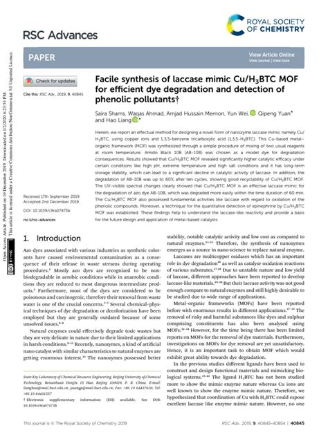 Facile Synthesis Of Laccase Mimic Cu H3btc Mof Pdf Ph Enzyme