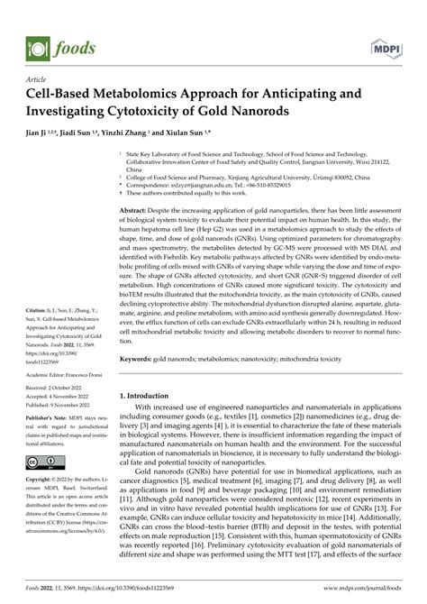 Pdf Cell Based Metabolomics Approach For Anticipating And Investigating Cytotoxicity Of Gold