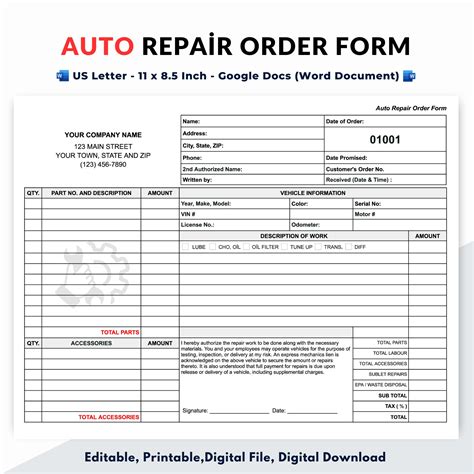 Auto Repair Order Form Template Repair Work Order And Invoice Form Etsy