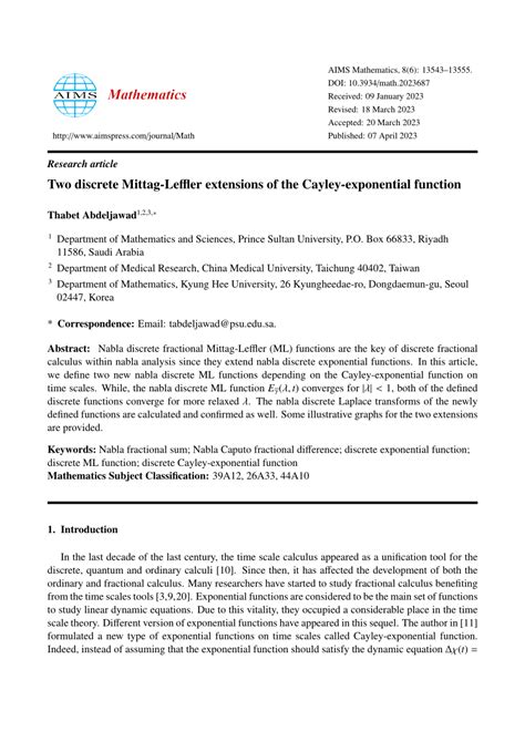 Pdf Two Discrete Mittag Leffler Extensions Of The Cayley Exponential