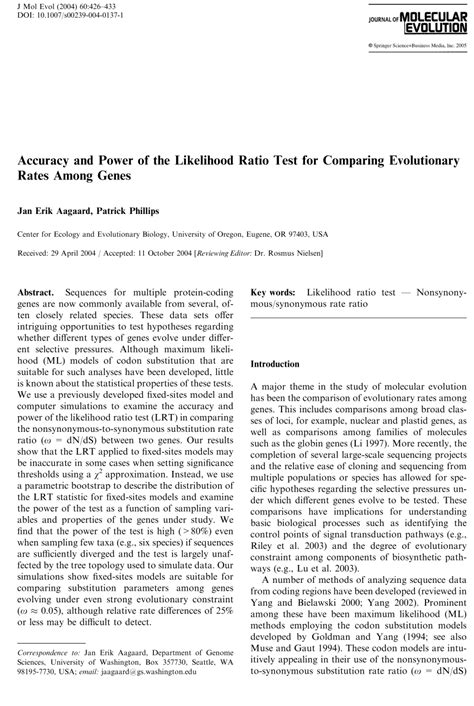 Pdf Accuracy And Power Of The Likelihood Ratio Test For Comparing Evolutionary Rates Among Genes