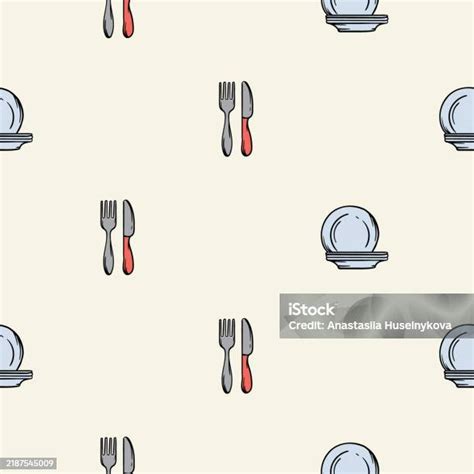 칼 붙이 포크 나이프 및 접시가있는 심플하고 완벽한 패턴 부엌 카페 레스토랑 포장지 인쇄의 디자인을 위한 벡터 배경 가정 주방에