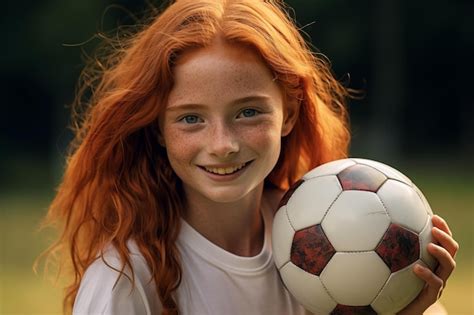 Premium Photo Young Pretty Redhead Woman At Outdoors Holding Soccer Ball