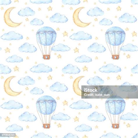 수채화 원활한 패턴 공기 풍선 달과 별 어린이 방에 대한 아이디어 베이비 샤워 파티 요소 인쇄 엽서 인쇄물 인사말 카드 직물 등에 적합 골동품에 대한 스톡 벡터 아트 및