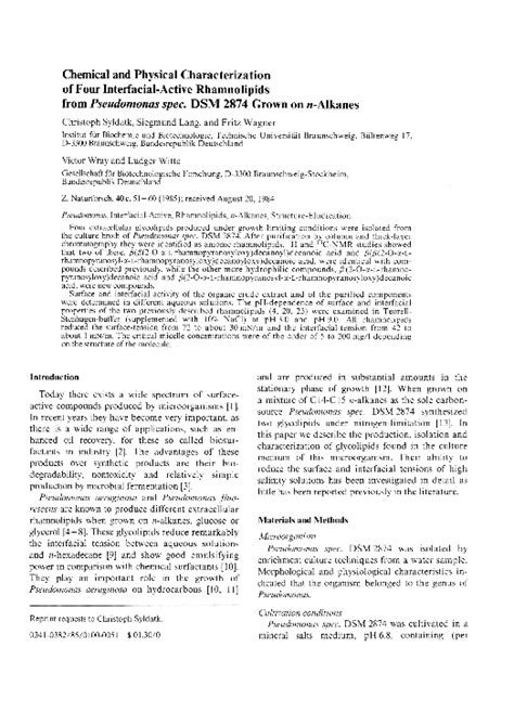Pdf Chemical And Physical Characterization Of Four Interfacial Active Rhamnolipids From