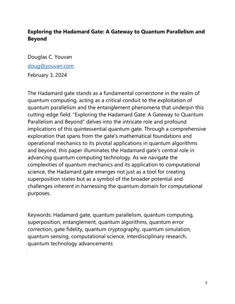 Pdf Exploring The Hadamard Gate A Gateway To Quantum Parallelism And