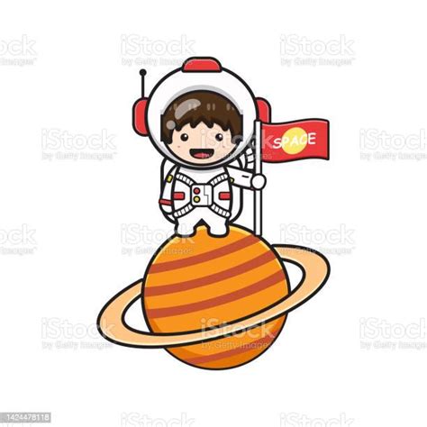 귀여운 소년 우주 비행사가 행성 만화 아이콘 클립 아트 일러스트레이션에 깃발을 들고 달 하늘에 대한 스톡 벡터 아트 및 기타 이미지 달 하늘 하강 과학 Istock
