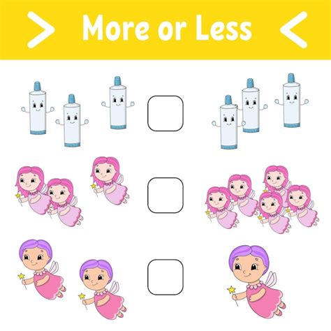 어린이와 유아를 위한 다소간의 교육 활동 워크시트 위생 테마 프리미엄 벡터