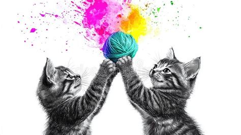 Playful Kittens Sharing Colorful Yarn Ball Artistic Splash Design