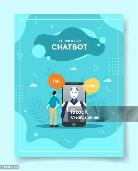 화면 디스플레이에 챗봇 개념 남자 전면 스마트 폰 로봇은 배너 전단지 책 표지 액체 모양 스타일의 잡지의 템플릿에 대한 토크 대화를 말한다 개념에 대한 스톡 벡터 아트 및