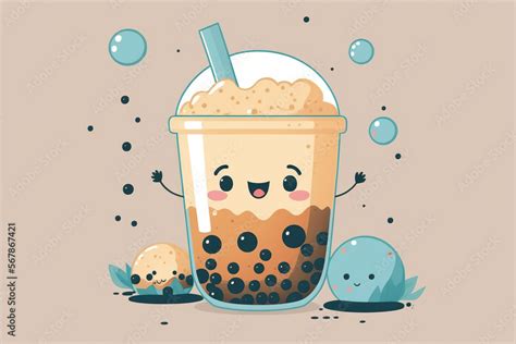 Boba Tea Cartoon Cute Happy Boba Character Illustration Graphic Art