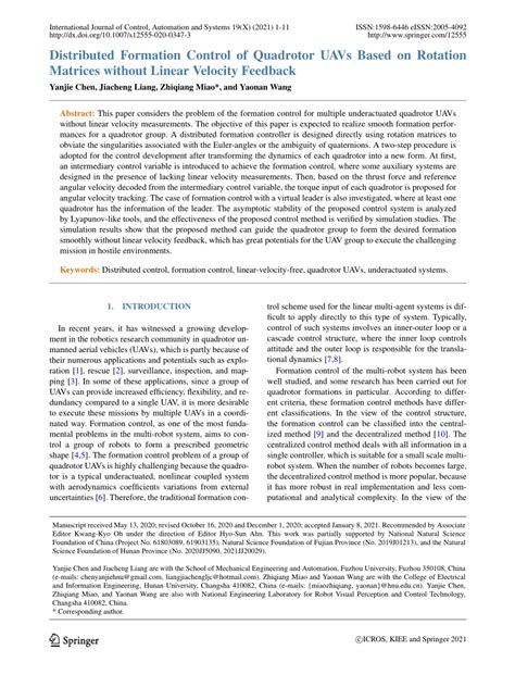 Pdf Distributed Formation Control Of Quadrotor Uavs Based On Rotation