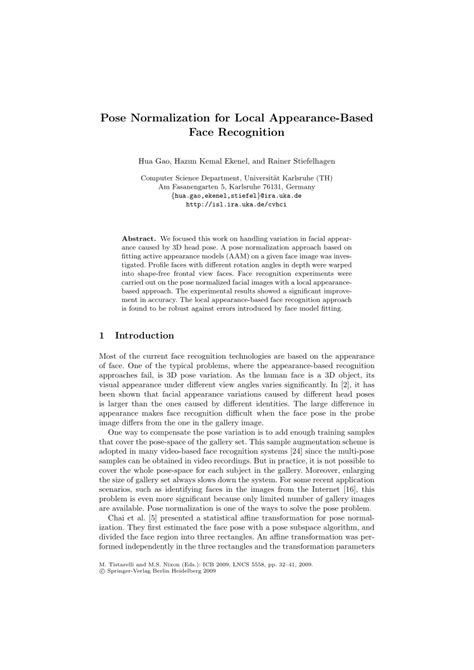 Pdf Pose Normalization For Local Appearance Based Face Recognition