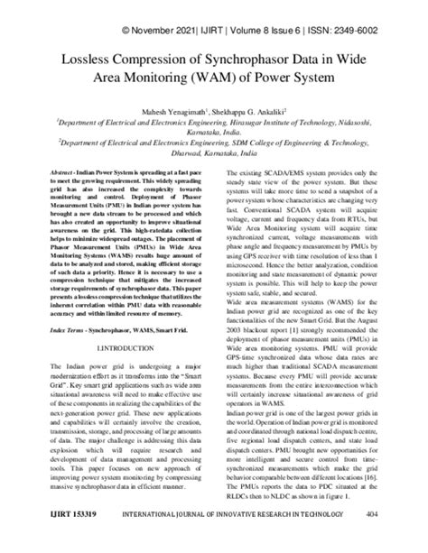 Pdf Lossless Compression Of Synchrophasor Data In Wide Area Monitoring Wam Of Power System