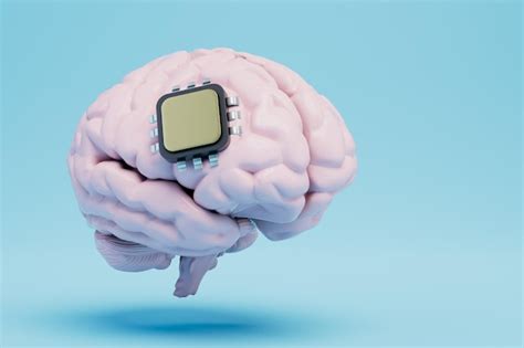 파란색 배경 3d 렌더에 칩이 있는 뇌 자동화 뇌 기능 뇌에 마이크로칩 이식 프리미엄 사진
