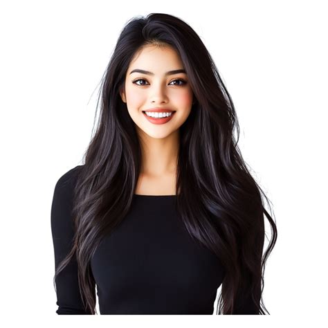 Beautiful Woman With Long Black Hair In A Black Top Smiling Brightly