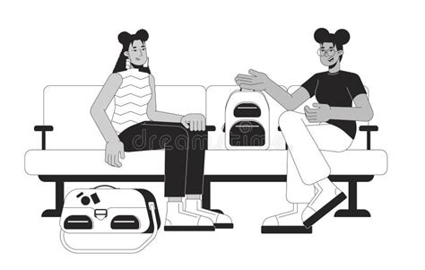 Wait Passengers Women Friends Black And White 2d Line Cartoon