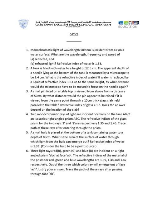 Worksheet Optics 2 Pdf