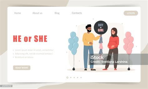 성별 공개 파티 그 또는 그녀 아라비아 가족은 소년 또는 소녀라는 비문이 새겨진 풍선을 들고 있습니다 랜딩 페이지 템플릿 베이비