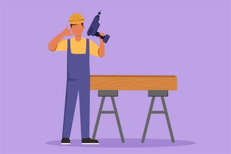 그래픽 플랫 디자인 드로잉 목수는 드릴로 서 있고 나무 산업을 위해 일하는 제스처는 목공 도구를 사용하는 데 능숙해야 합니다 하우스 리노베이션 만화 스타일 벡터 그림