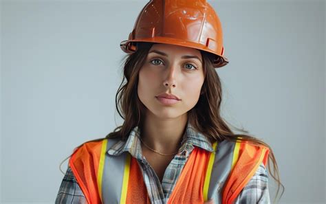 A Woman In A Construction Helmet And Safety Vest Looks Directly At The