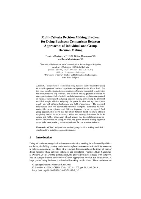 Pdf Multi Criteria Decision Making Problem For Doing Business Comparison Between Approaches