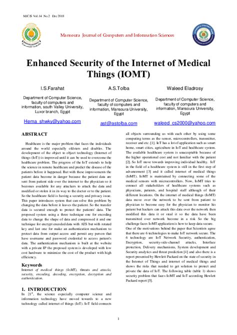 Pdf Enhanced Security Of The Internet Of Medical Things Iomt