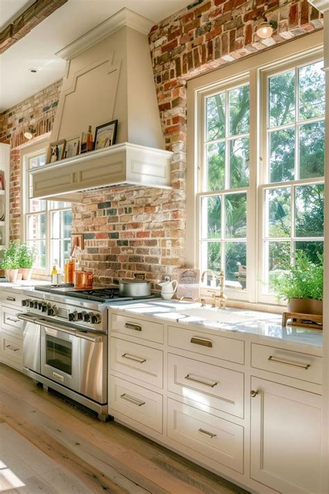 Farmhouse Kitchen With Stylish Brick Backsplash Brick Around Kitchen