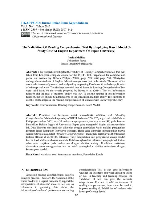 Pdf The Validation Of Reading Comprehension Test By Employing Rasch