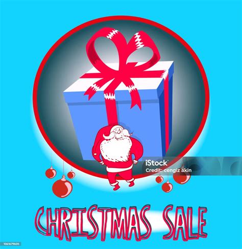 크리스마스 판매 산타 클로스 나르는 거 대 한 선물 상자 재미 있는 만화 포함 된 텍스트와 벡터 일러스트 레이 션 배너 표지판에 대한 스톡 벡터 아트 및 기타 이미지