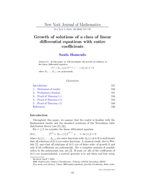 Pdf Growth Of Solutions Of A Class Of Linear Differential Equations