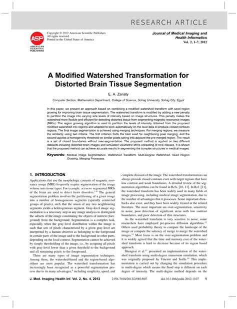 Pdf A Modified Watershed Transformation For Distorted Brain Tissue
