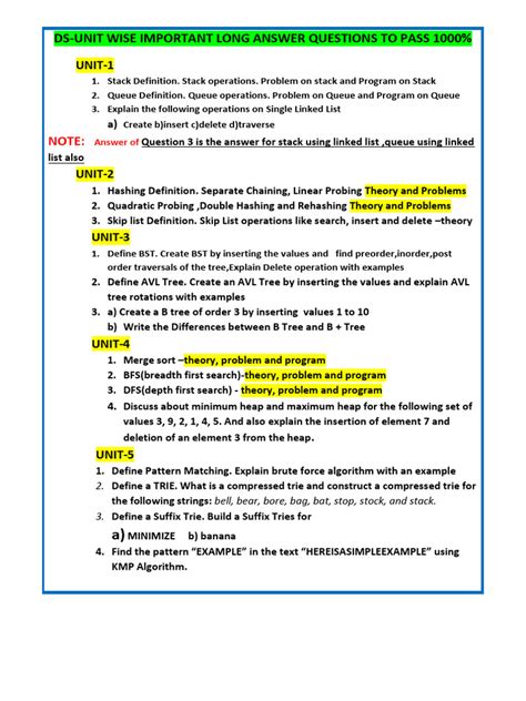 unit wise important long and short answer questions to pass 1000 pdf