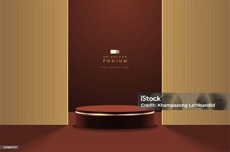 호화스러운 갈색 3d 실린더 연단 현실적 또는 제품 전시 발표 및 금 수직 모양 벽을 위한 받침대 단계 모형을 위한 최소한의 장면 쇼 제일 제품을 위한 3d 단계 0명에