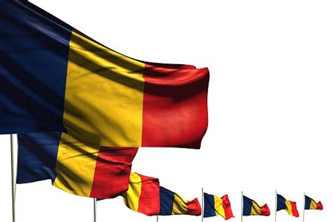 어떤 축 하 깃발 3d 그림꽤 많은 루마니아 플래그 귀하의 콘텐츠에 대 한 장소와 흰색 절연 대각선 배치 0명에 대한 스톡 사진