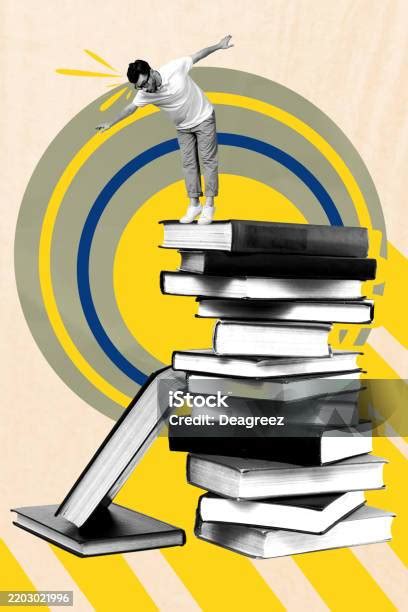 크리 에이 티브 디자인 합성물 트렌드 삽화 콜라주 취미 공부 리더 교육 젊은이 혼란스러워 유지 균형 스탠드 말뚝 책 지식 35 39세에 대한 스톡 사진 및 기타 이미지