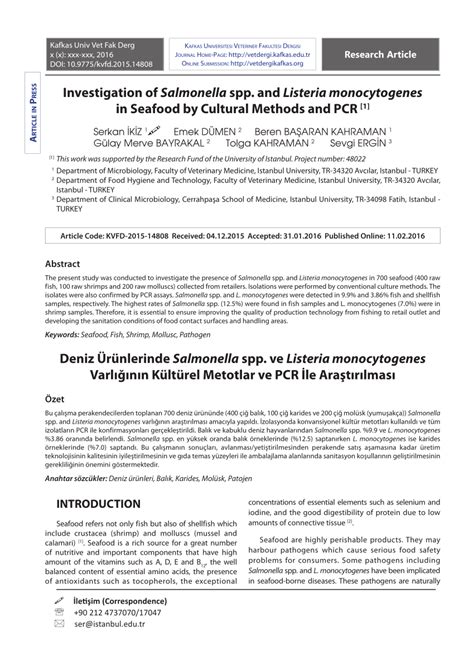 Pdf Deniz Ürünlerinde Salmonella Spp Ve Listeria Monocytogenes