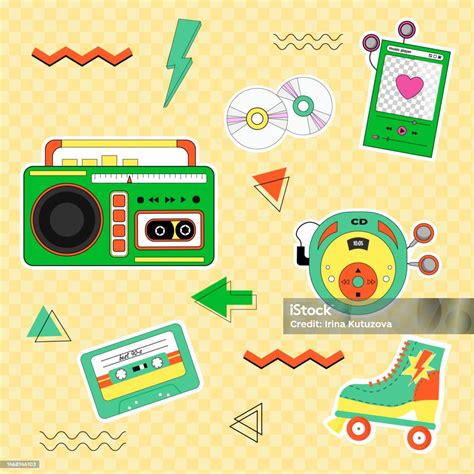 테이프 레코더 플레이어 Cd 디스크 및 롤러 스케이트 복고풍 스티커 세트 90 년대 0명에 대한 스톡 벡터 아트 및 기타 이미지