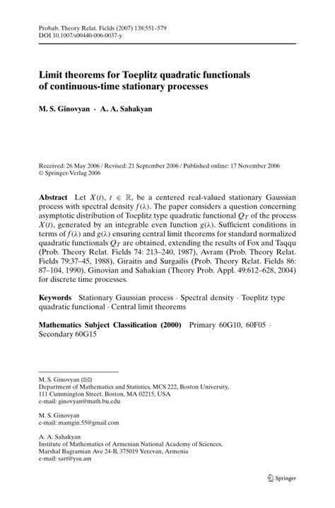 Pdf Limit Theorems For Toeplitz Quadratic Functionals Of Continuous