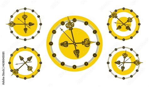 Collection Of Golden Clocks Showing Different Times Retro Stylized Drawing Vector Illustration