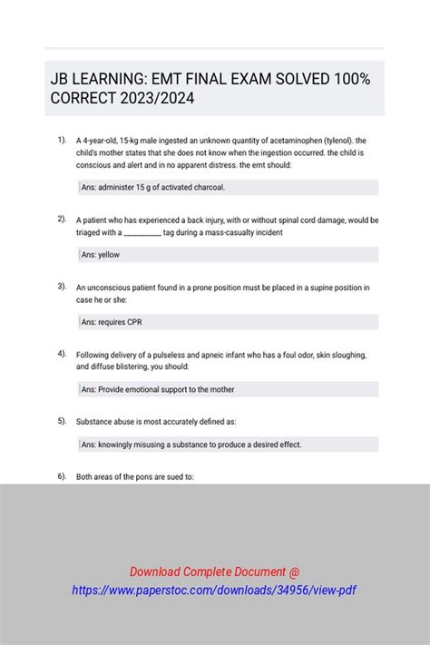 Jb Learning Emt Final Exam Solved Correct In Final Exams Exam Emt