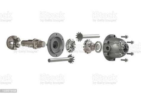Automotive Differential Gear Box Exploded View 3d Rendering Isolated On White Background Stock