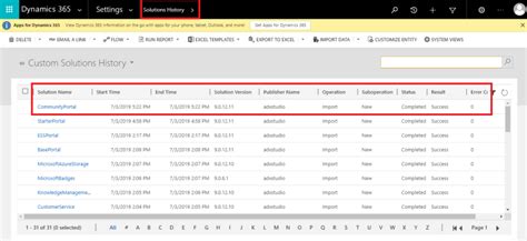solution history dynamics 365 tracks the history for import export of