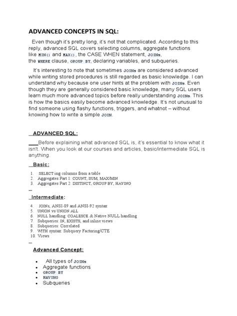 Advanced Concepts In Sql Pdf Software Engineering Computer