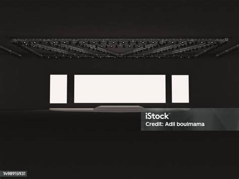 이벤트 투영을 위한 직사각형 스크린이 있는 빈 무대 전면 보기 천장 스포트라이트 시스템 홀의 플랫폼 요소 빈 화면 시스템 Led 야간 조명 스테이징 3d 렌더링 그림 0명에