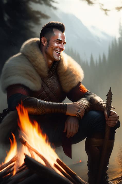 Lexica Bald Clean Shaven Beowulf Sitting By A Campfire And Laughing