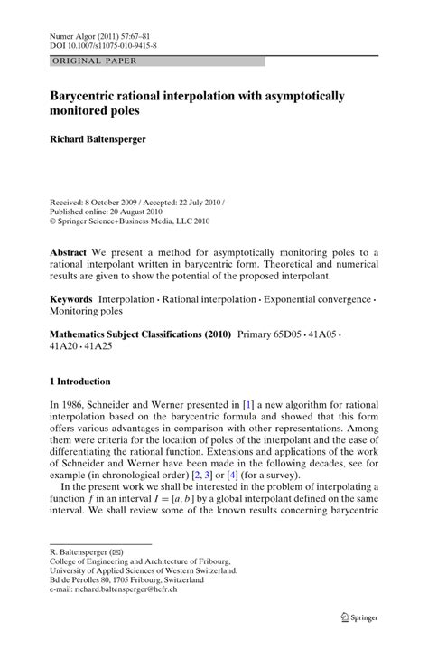 Pdf Barycentric Rational Interpolation With Asymptotically Monitored