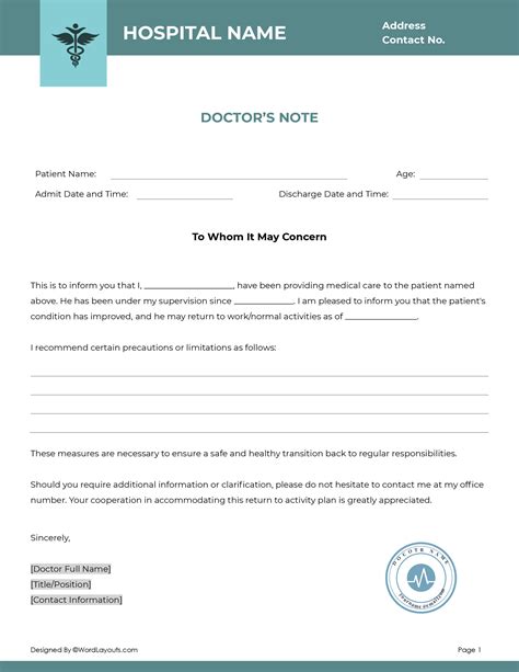 Free Obgyn Doctors Note Template Wordlayouts