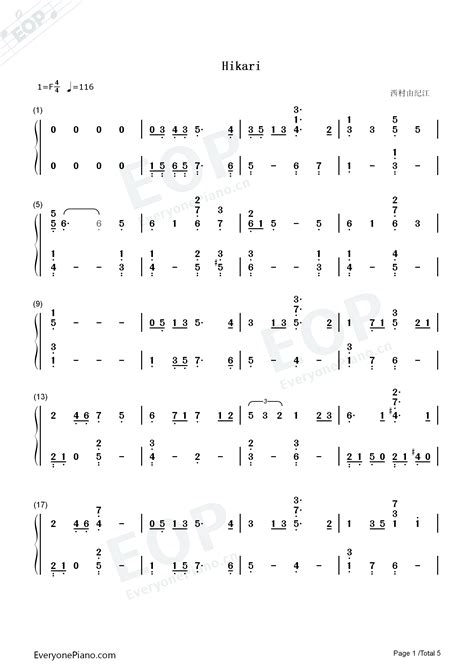 Hikari 西村由纪江双手简谱预览 Eop在线乐谱架