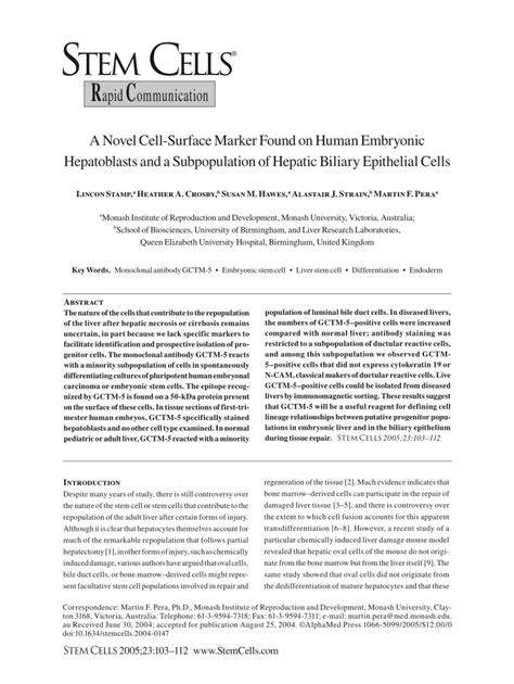 Pdf A Novel Cell Surface Marker Found On Human Embryonic Hepatoblasts